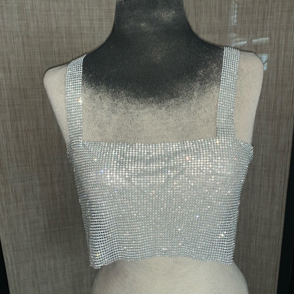unlabeled | Tops | Rhinestone Mesh Metallic Top | Poshmark
